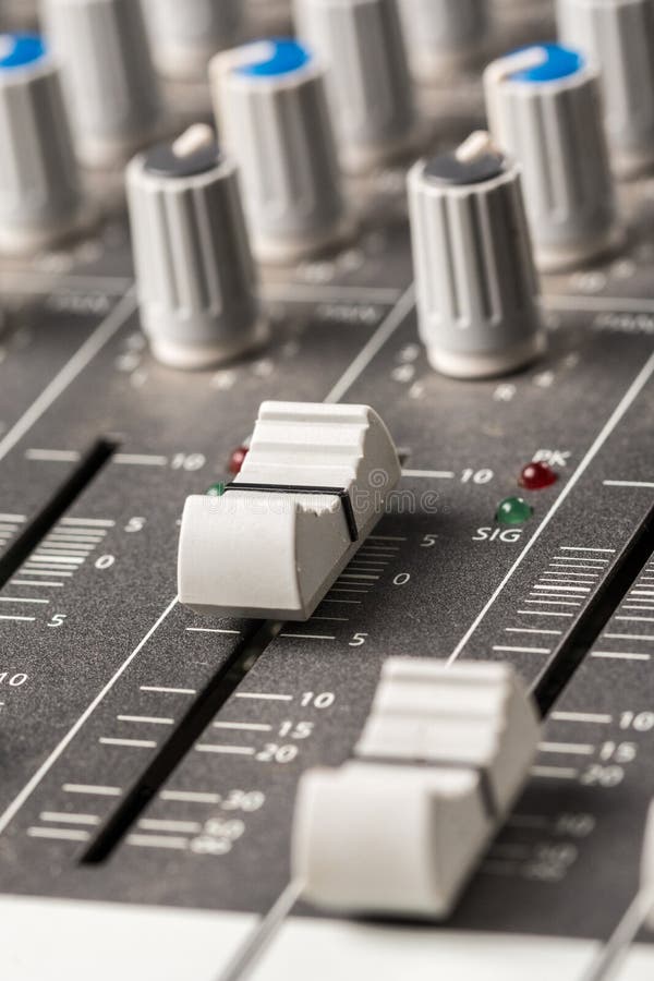 Closeup Macro Audio Mixing Console Knobs and Sliders. Stock Image ...