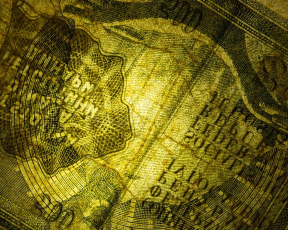 Closeup Macro Shot of a Paper Currency Bill, with Various Elements of ...