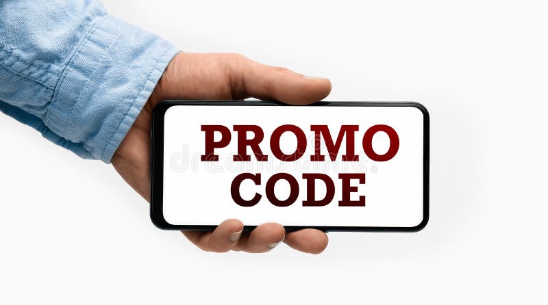Closeup of a Male Hand Holding Smartphone with Text PROMO CODE on ...