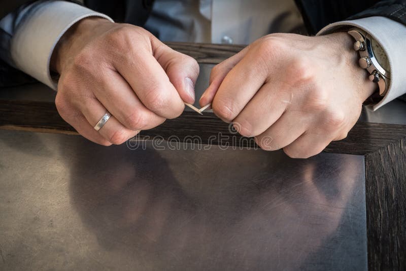 Closeup Male Hands Break a Toothpick Stock Photo - Image of ring ...