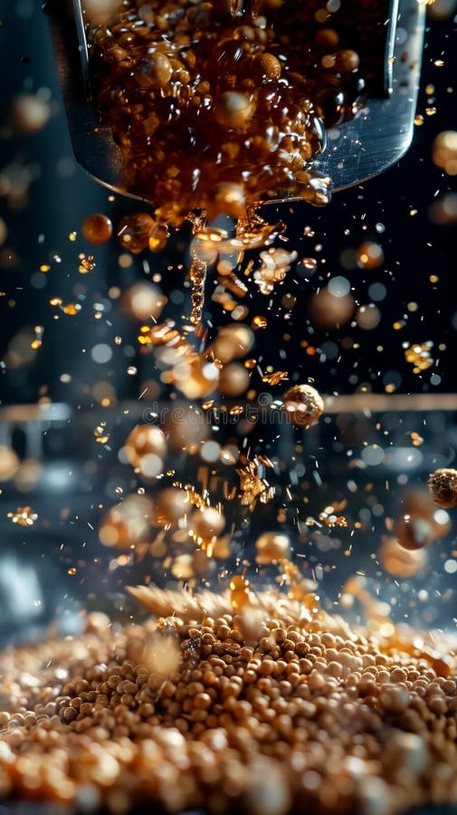 Closeup of Malt Being Poured, Showcasing Grains and Droplets in Motion ...