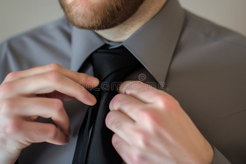 Closeup of Man Fixing a Skinny Black Tie Stock Image - Image of ...