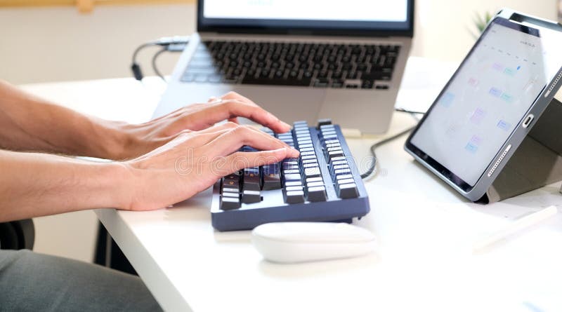 Closeup of Man Hand Typing Keyboard Computer at Home Office Stock Photo ...