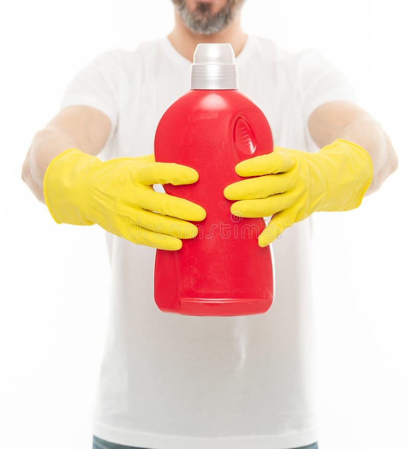 Closeup of Man with Laundry Detergent in Studio. Man with Laundry ...