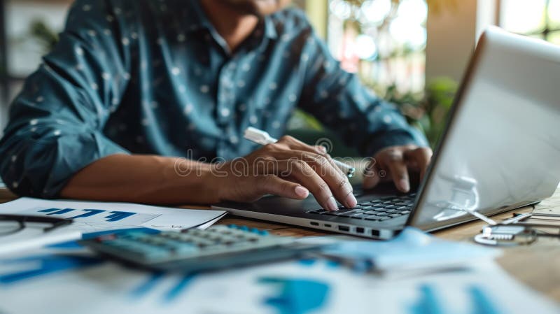 Closeup of a Man S Hands Typing on a Laptop with a Calculator, Papers ...