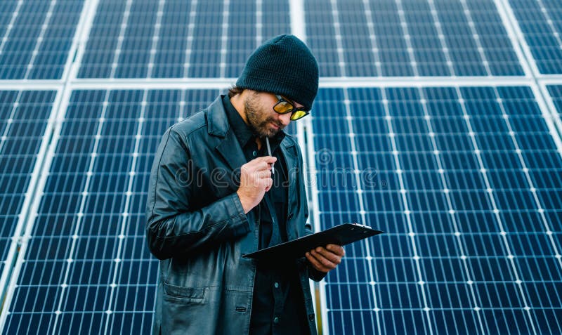 Closeup Man Stand beside of Solar Panels with Clipboard in Hand and ...