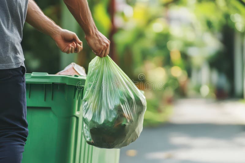 Closeup Man Throwing Bag Garbage Green Trash Bin Copy Space Stock ...