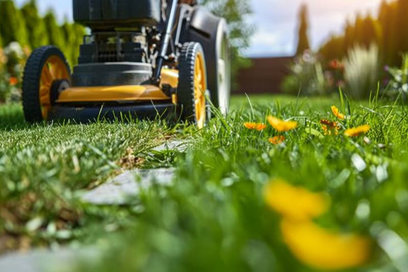 Closeup Man Using Lawn Mower Cutting Grass with Gardening Stock Image ...