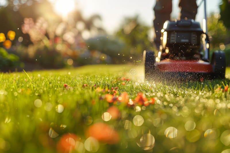 Closeup Man Using Lawn Mower Cutting Grass with Gardening Stock Photo ...