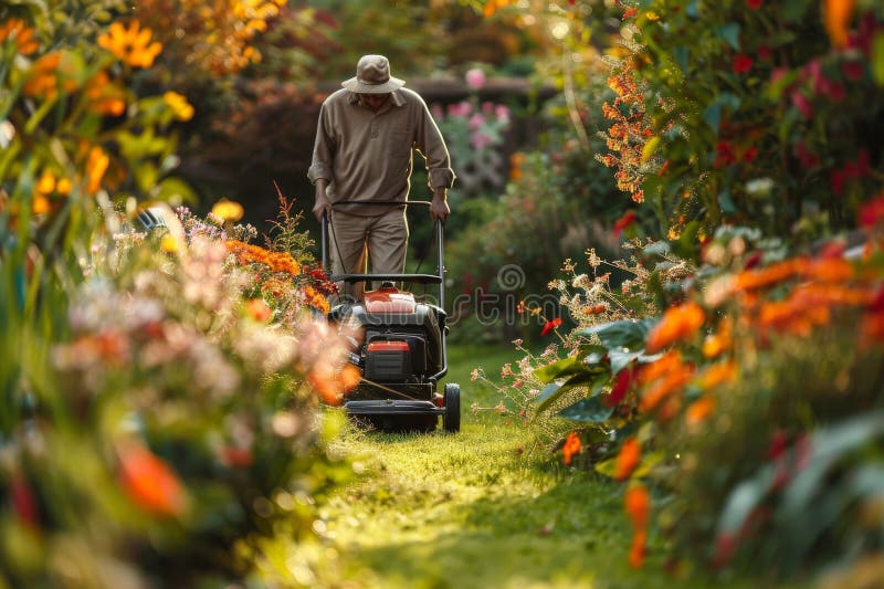 Closeup Man Using Lawn Mower Cutting Grass with Gardening Stock Photo ...