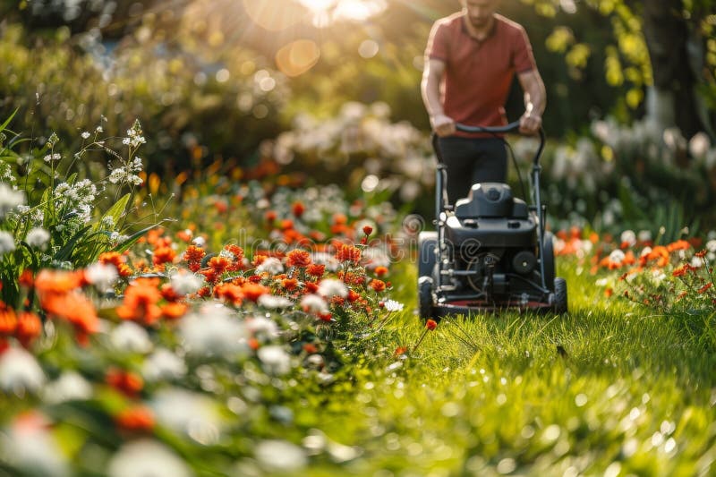 Closeup Man Using Lawn Mower Cutting Grass with Gardening Stock Image ...