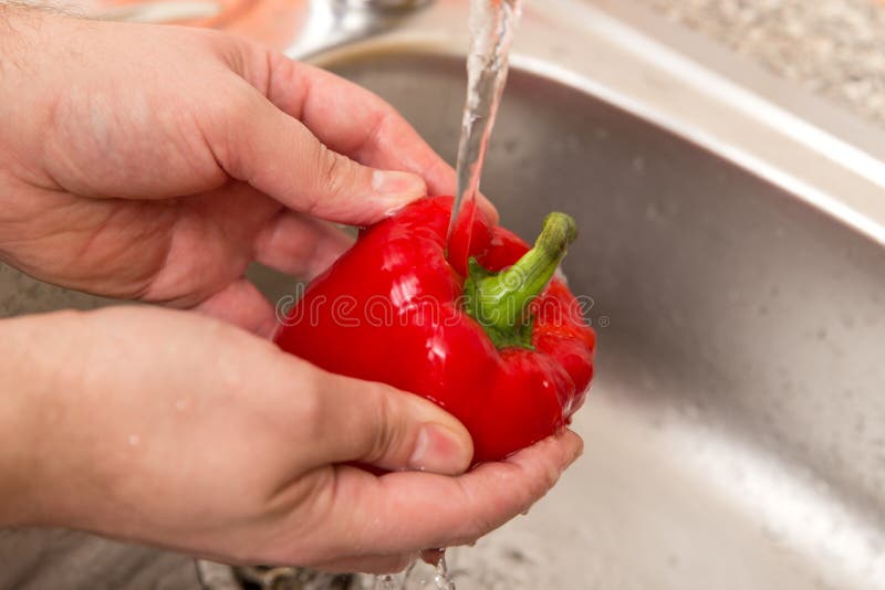 Closeup Man Washing a Red Paprika Stock Photo - Image of health, sink ...