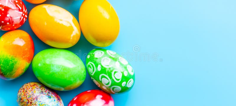 Closeup, Many Beautiful Painted Easter Eggs As Blue Background. the ...