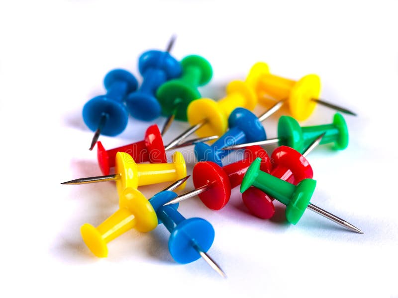 Closeup of Many Colored Thumbtacks on White Stock Image - Image of ...
