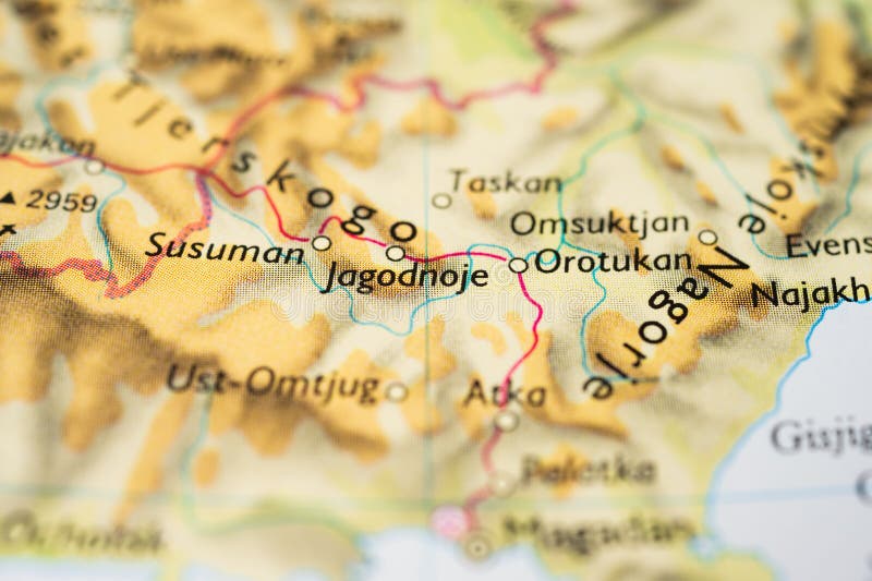 Closeup Map with Jagodnoje and Susuman Area.. Stock Image - Image of ...