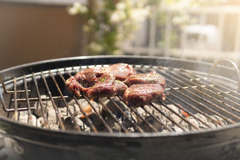 Closeup of Meat on Barbeque Stock Photo - Image of blurring, fire ...