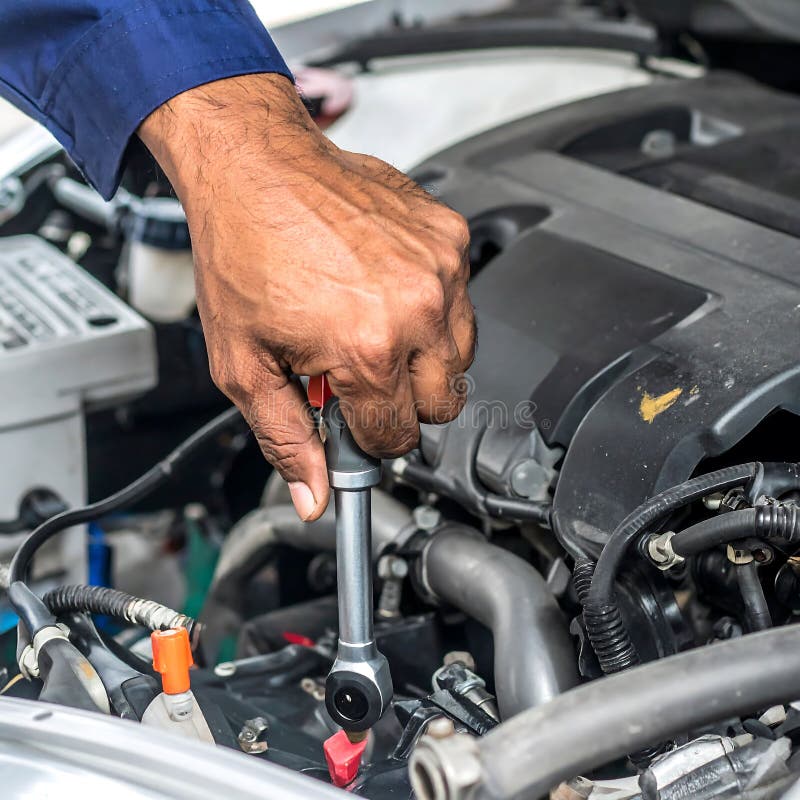 Closeup of a Mechanics Hand Using a Socket Wrench on a Car Engine ...