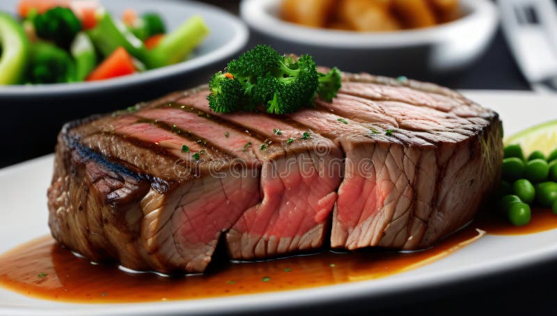 Closeup Medium Ripe Steak on White Ceramic Plate Top with Brocco Stock ...