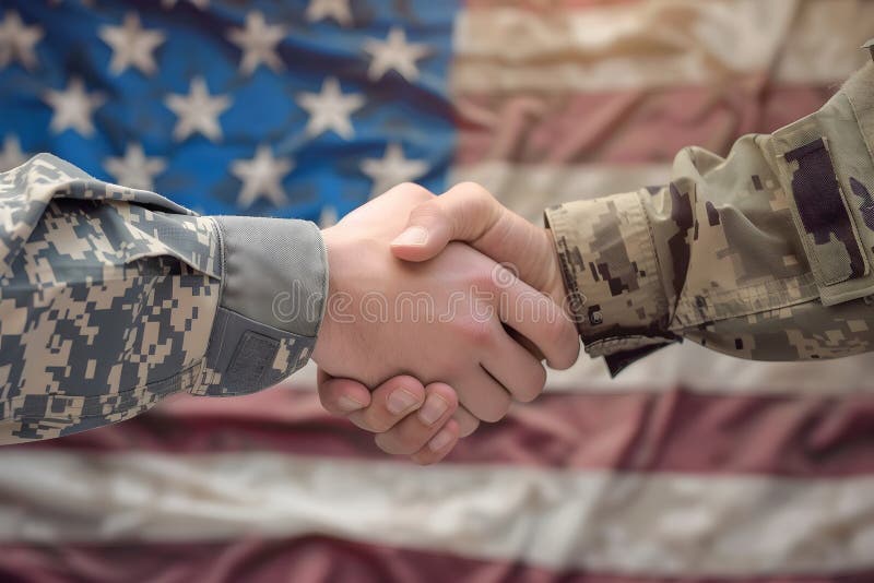 Closeup of Men Shaking Hands in Uniform in Front of an American Flag ...