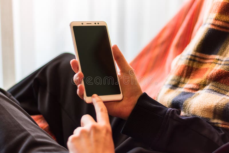 Closeup Men Use Smart Phone Mobile Screen on Sofa Decor Stock Photo ...