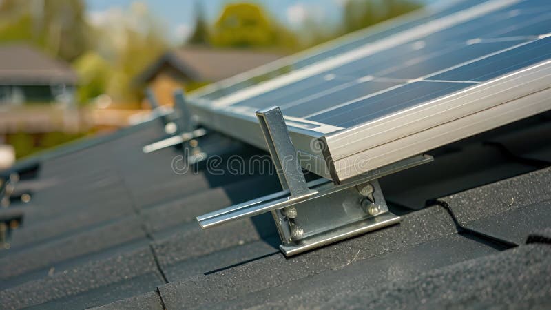 A Closeup of Metal Brackets Securing a Solar Panel To a Rooftop Stock ...