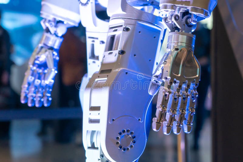 Closeup of Metal Robot Hand. Concept of Modern Technology. Blue Tone ...