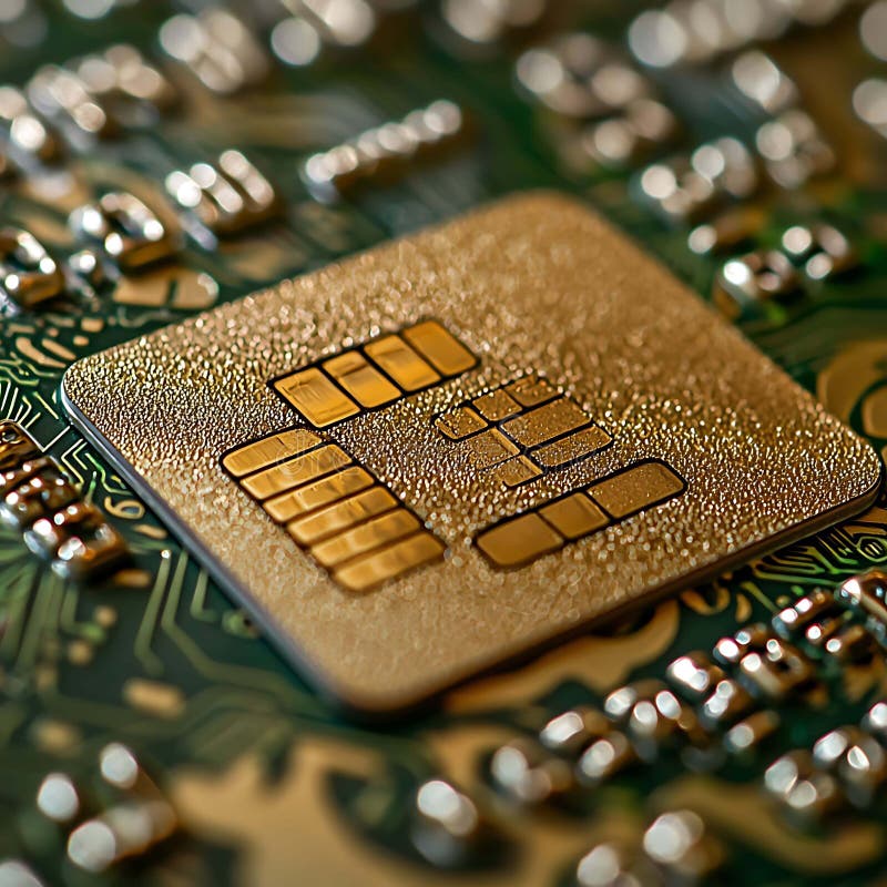 Closeup of a Microchips Gold Contact Points, Glistening with ...