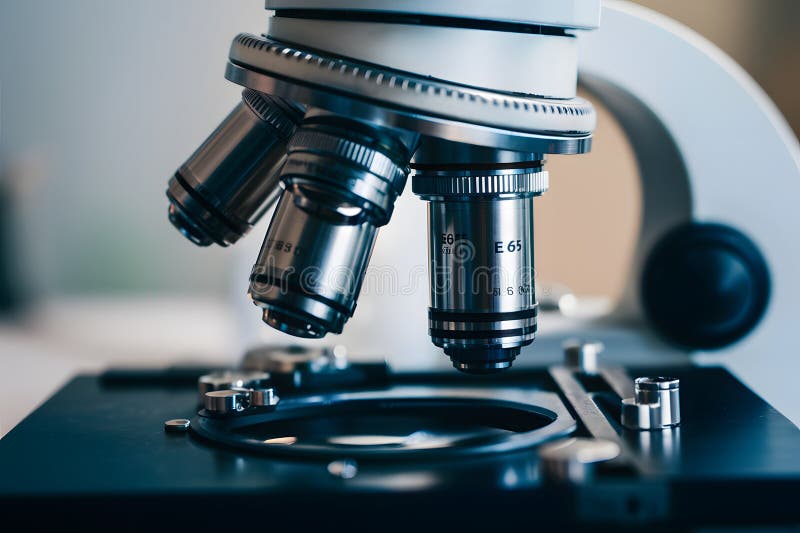 Closeup Microscope with E65 Lens, Metallic Finish, Blurred Background ...