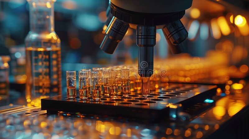 Closeup of Microscope Examining Test Tubes in a Laboratory Stock Image ...