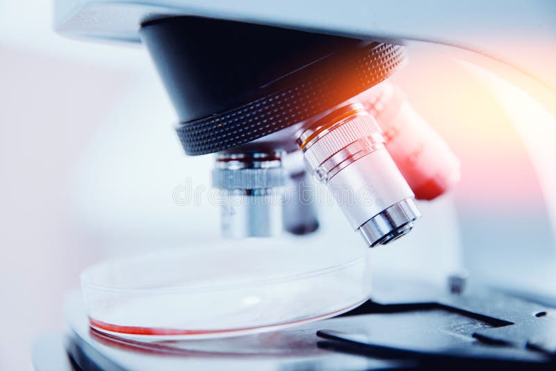 Closeup Microscope Laboratory, Blood Test Running, Virus Check Banner ...