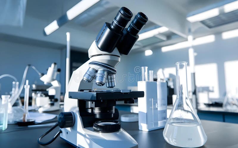 A Closeup of a Microscope in a Laboratory Setting, with a Beaker and ...