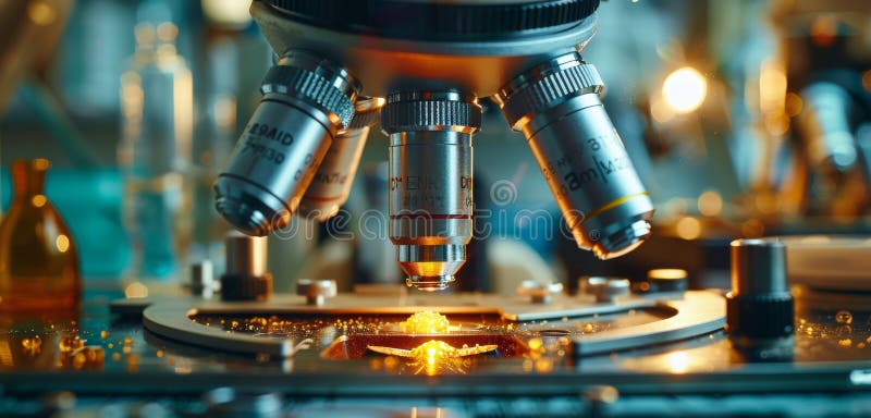 Closeup of a Microscope Lens Focusing on a Sample in a Laboratory ...