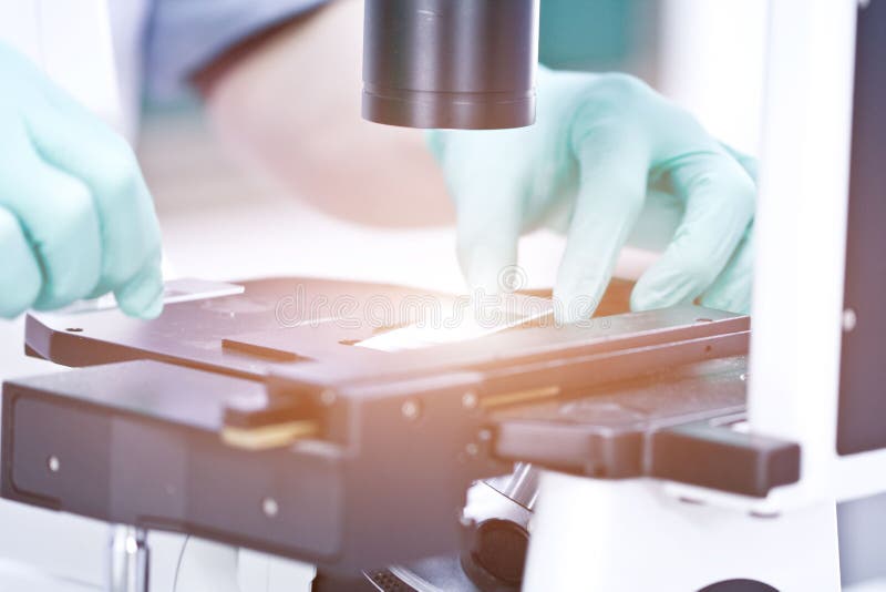 Closeup of Microscope Lenses Focused on a Specimen in Blue Light Stock ...