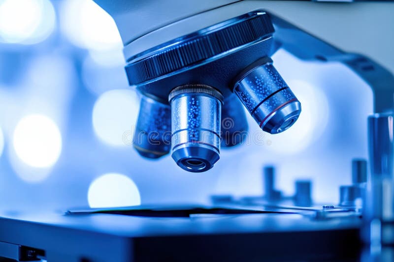 Closeup Microscope Lens on Gray Background in Laboratory Stock Photo ...
