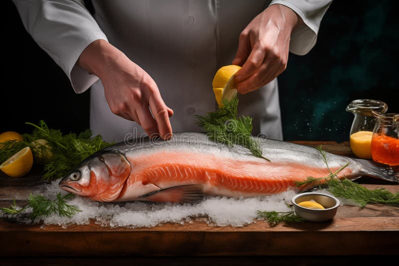 Closeup Midsection View Master Chef Cooking Salmon Fish. Generative AI ...