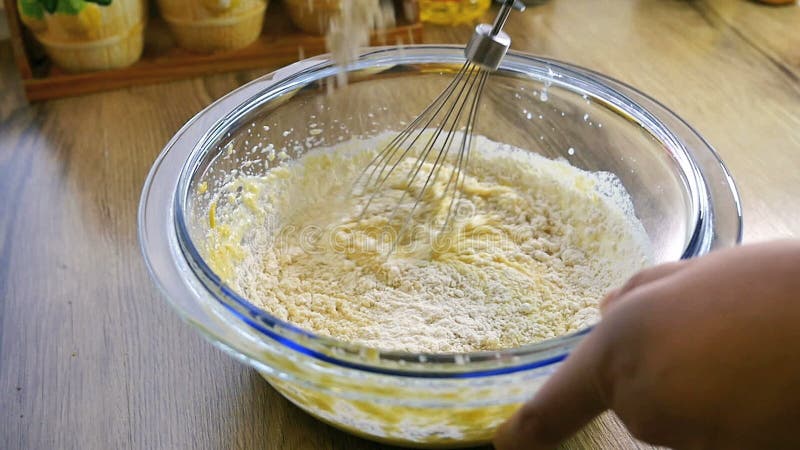 Closeup of Mixing Flour with Already Beaten Up Eggs and Sugar Stock ...