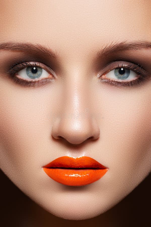 Closeup Model Face with Fashion Make-up, Lip Gloss Stock Image - Image ...