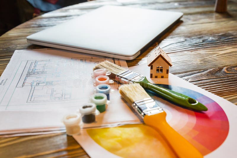 Closeup Model of House; Interior Designer Tools and Colour Circle ...