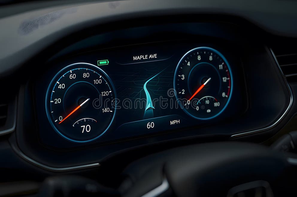 Closeup of Modern Digital Car Dashboard with Speedometer and Navigation ...
