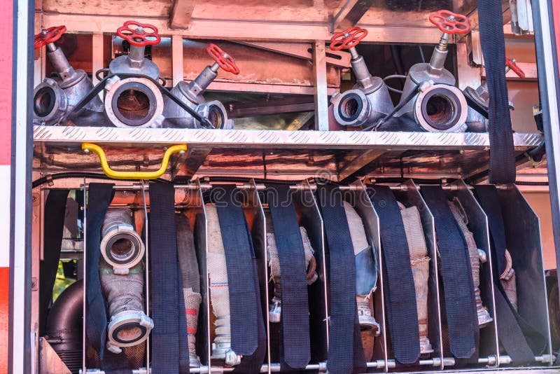 Closeup of the Modern Fire Truck with Firefighting Equipment Stock ...