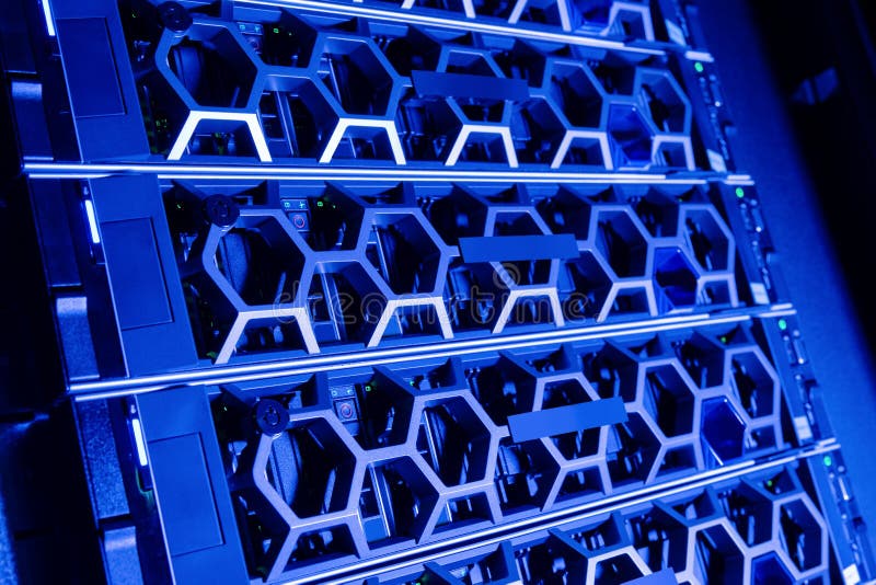 Closeup of Modern Hard Drives in Illuminated Blue Datacenter Stock ...