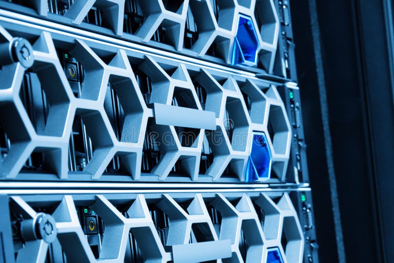 Closeup of Modern Hard Drives in Illuminated Blue Datacenter Stock ...