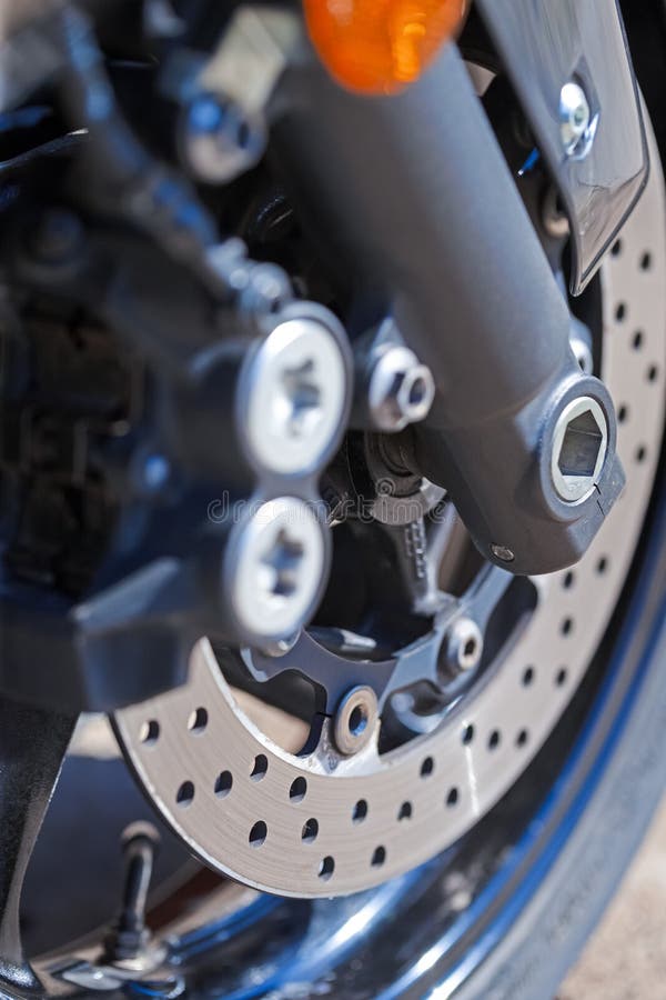 Closeup of Modern Motorcycle Front Braking System with Pads and Disks ...