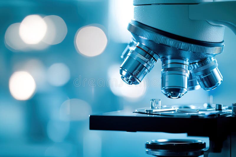 Closeup Modern White Microscope Lenses on Blue Blurred Background with ...