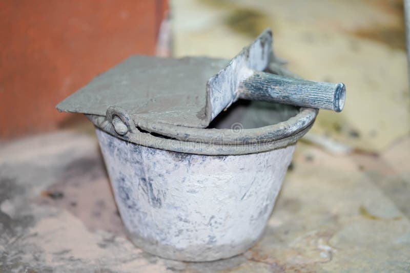 Closeup Mortar Pan for Plastering Walls with Cement Bucket in ...