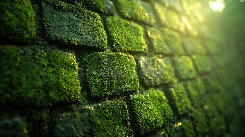 Closeup of a Moss Covered Brick Wall with Light Shining through the ...