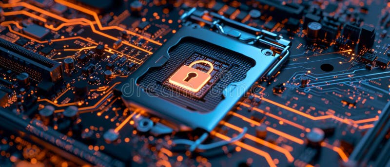 Closeup of a Motherboard with a Lock, Symbolizing Secure Connection and ...
