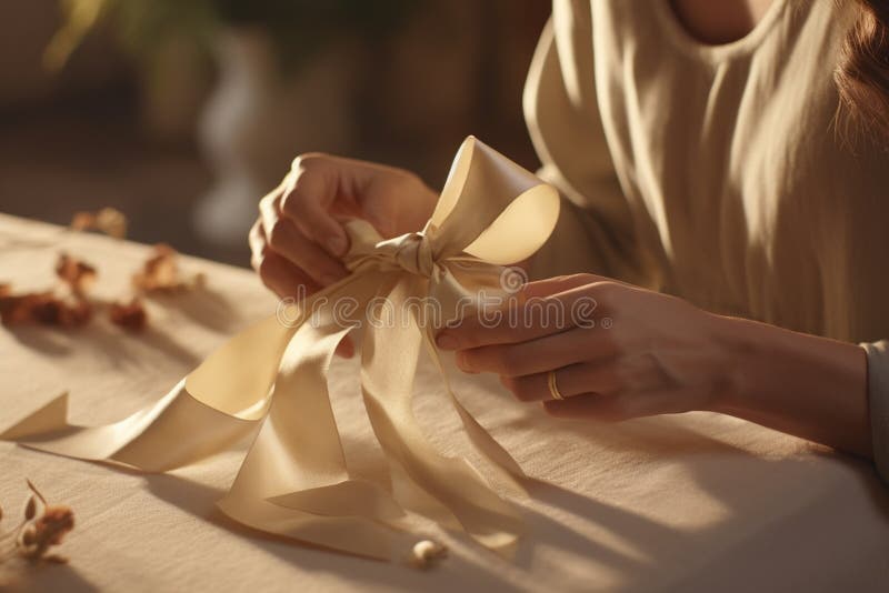 Closeup of a Mothers Hands Tying a Ribbon on a. Generative Ai Stock ...