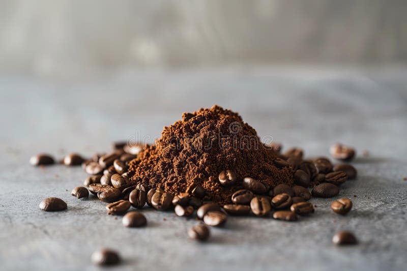 Fresh Ground Coffee and Whole Beans on Surface Stock Photo - Image of ...