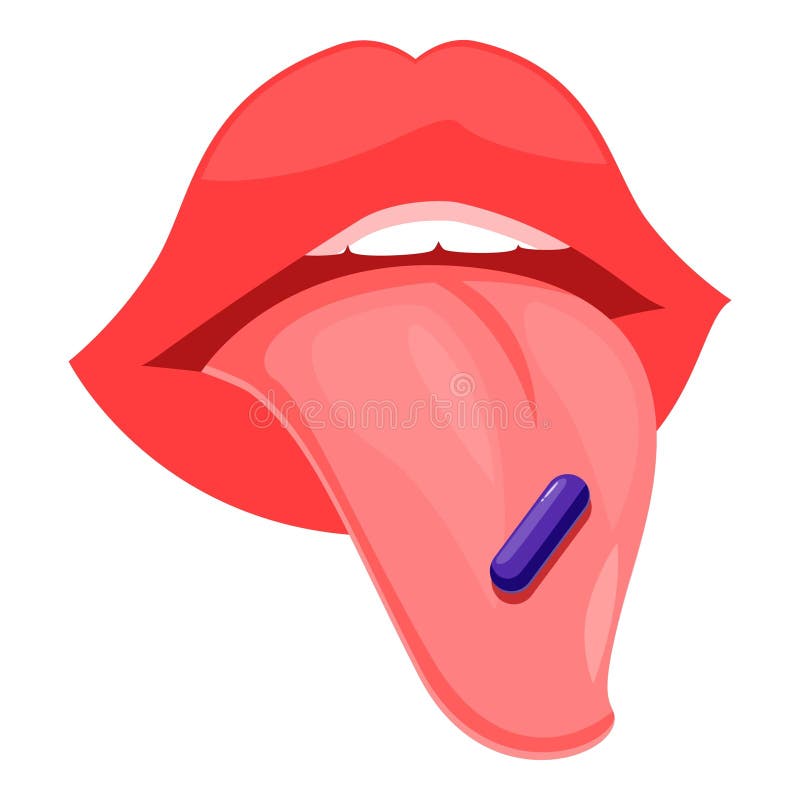 Closeup Of Female Mouth Taking Blue Pill With Tongue Stock Vector
